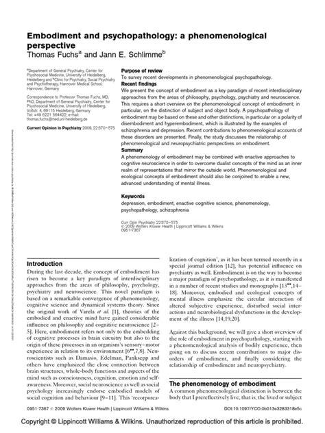 Embodiment And Psychopathology A Phenomenological Perspective Pdf Embodied Cognition