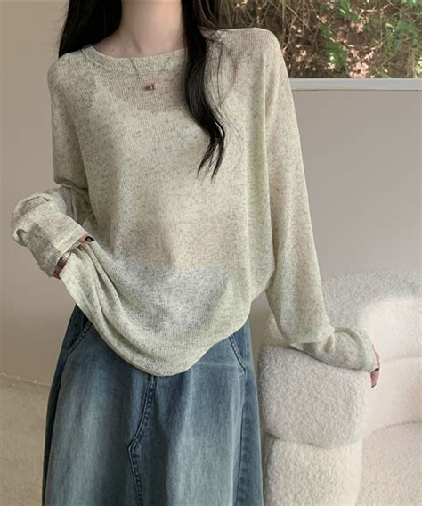 포앤바이앤 멜란지 시스루 여름 니트탑 라운드넥 로우숄더 루즈핏 긴소매 거즈 슬릿 롱 니트티 봄 여름 시원한 자외선차단 썬블럭 겹쳐입는 레이어드 캐주얼 입기편한 데일리룩