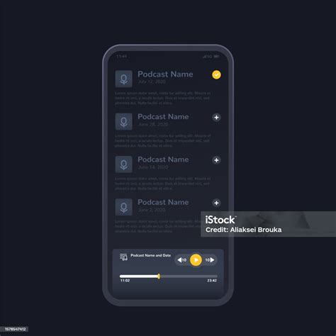 팟캐스트 앱 및 플레이어 모바일 Ui 디자인 전화 모형이 있는 벡터 인터페이스 Brand Name Smart Phone에 대한 스톡 벡터 아트 및 기타 이미지 Brand