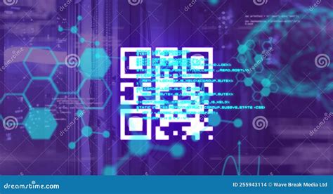 Image Of Brain Scientific Data And Qr Code Over Servers Stock