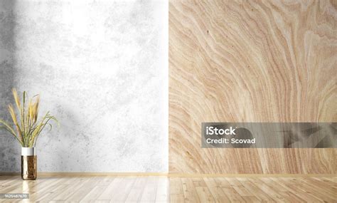 흰색 회색 치장 벽토 또는 콘크리트 벽과 천연 목재 판넬이있는 방의 내부 배경 잔디가있는 장식용 꽃병 3d 렌더링 가정의 방에 대한 스톡 사진 및 기타 이미지 Istock