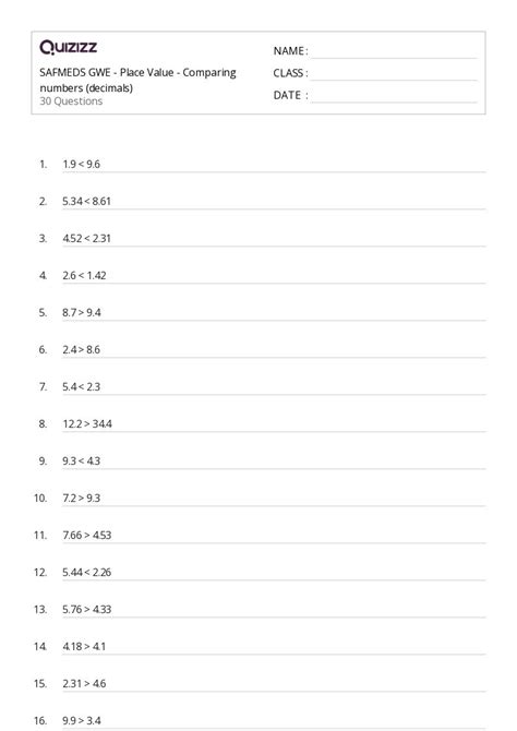 50 Comparing Decimals Worksheets For 1st Class On Quizizz Free And Printable