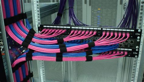 Running Pink And Blue Ethernet Cables Into Patch Panels And A Dell Powerconnect Switch Cable