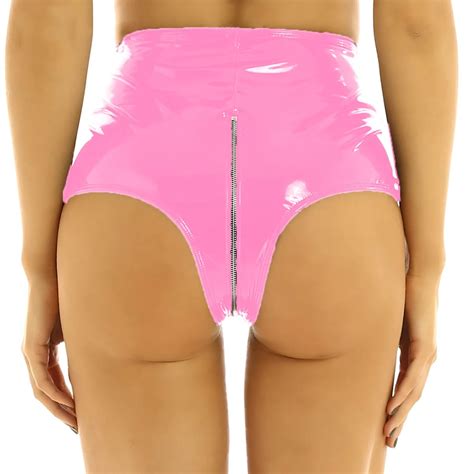 Womens Wet Look Patent Leather Briefs Punk Panties High Waisted Thong