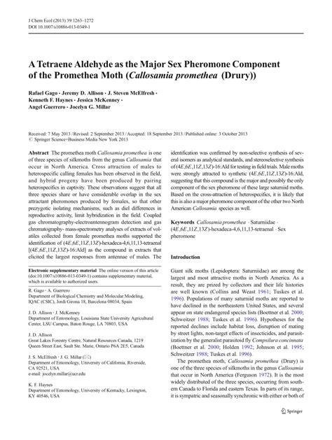 Pdf A Tetraene Aldehyde As The Major Sex Pheromone Component Of The