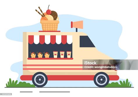 플랫 만화 배경 포스터 일러스트에서 피자 햄버거 핫도그 또는 타코와 같은 패스트 푸드를 제공하는 야외 거리 및 푸드 트럭 건강에 좋지 않은 음식에 대한 스톡 벡터 아트 및