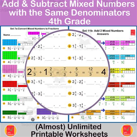 Add And Subtract Mixed Numbers With Like Denominators Th Grade Math By Teach Simple