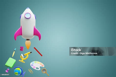 학교로 돌아 가기 만화 로켓은 교육 요소로 날아갑니다 3d 렌더링 로켓에 대한 스톡 사진 및 기타 이미지 로켓 우주선 유색 배경 Istock