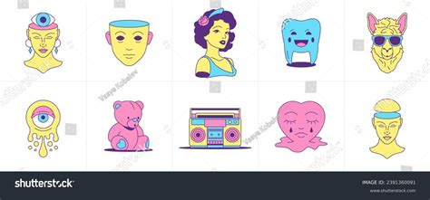 Surreal Trendy Cartoon Characters Psychedelic Emoji Stock Vector Royalty Free 2391360091