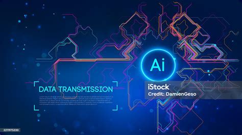 진한 파란색 배경에 미래지향적으로 빛나는 네온 회로 인공 지능 사이버 연결 디지털 네트워크 및 첨단 기술 흐름을 갖춘 Ai 데이터 전송 개념 가상현실에 대한 스톡 벡터 아트