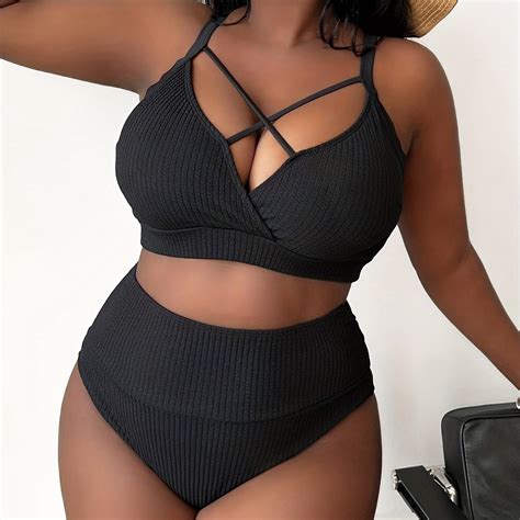 Black 2 Piece Plus Size Bikini Set Women Strapped Large Big Swimsuit
