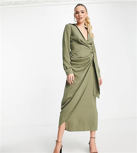 Asos Design Tall Collared Midi Dress Ruched Tie Waist In Khaki Green