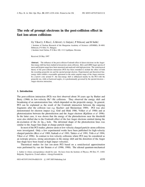 Pdf The Role Of Prompt Electrons In The Post Collision Effect In Fast Ion Atom Collisions