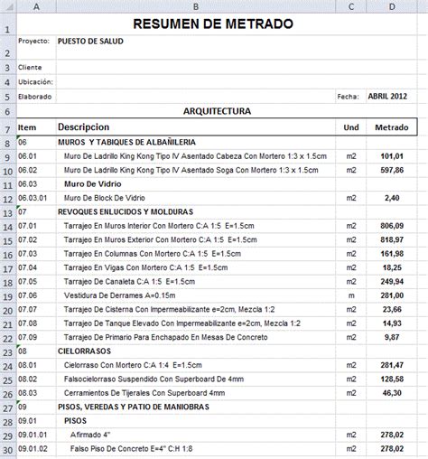 Plantilla Y Resumen De Metrados En Xls Cad 5757 Kb Bibliocad