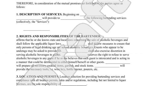 Restaurant Party Contract Template Sample Bartending Contract Form