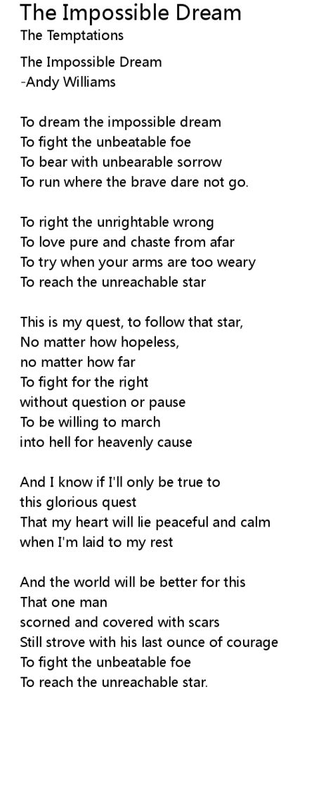 The Impossible Dream 歌词 歌词网