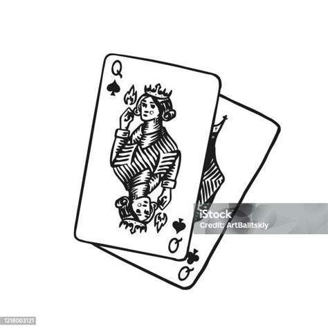 빈티지 낙서 스타일의 카드 놀이 스페이드 여왕 손으로 그린 낙서 스케치 문신 또는 티셔츠에 대한 벡터 일러스트레이션 국왕에 대한 스톡 벡터 아트 및 기타 이미지 Istock