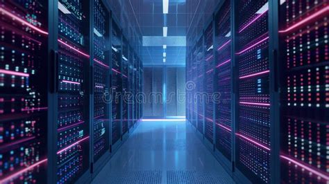 Rows Of High Tech Computer Servers In A Modern Data Center Blue Lit