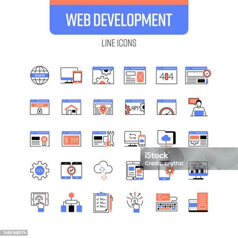 웹 개발 라인 아이콘 세트입니다 개발자 코딩 랜드 페이지 Seo 네트워크 서버 Html에 대한 스톡 벡터 아트 및 기타 이미지 Html 콘텐츠 정보 매체 테크놀로지