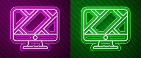 빛나는 네온 라인 컴퓨터 모니터와 보라색과 녹색 배경에 격리 위치 마커 아이콘과 접힌지도 벡터 일러스트레이션 0명에 대한 스톡 벡터 아트 및 기타 이미지 Istock