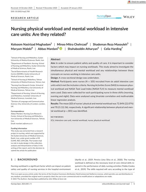 Pdf Nursing Physical Workload And Mental Workload In Intensive Care