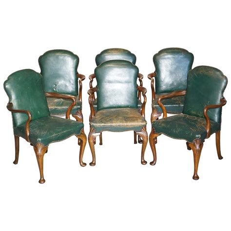 6 Victorian Walnut Green Period Leather Upholstery Shepherds Crook