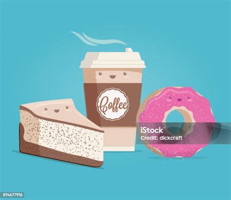 커피 치즈 케이크와 도넛입니다 재미 있는 만화 스타일 벡터 일러스트 레이 션 다중 색상에 대한 스톡 벡터 아트 및 기타 이미지 다중 색상 달콤한 음식 도넛 Istock