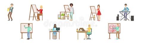 Artist And Creative People Character At Working Process Vector Set
