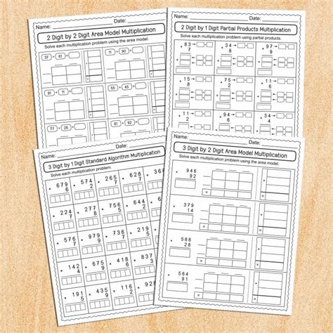 Multiplication Worksheets Standard Algorithm Partial Products And Area Model