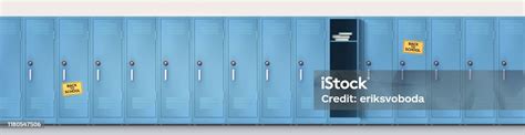 학교에 다시 오신 것을 환영합니다 조합 잠금 및 핸들 블루 찬장의 긴 라인 현실적인 학교 사물함 닫혀 있고 열린 문이있는 금속 캐비닛 세트 벡터 템플릿 3d 그림 사물함에