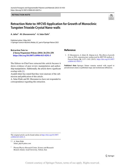 Retraction Note To Hfcvd Application For Growth Of Monoclinic Tungsten Trioxide Crystal Nano Walls