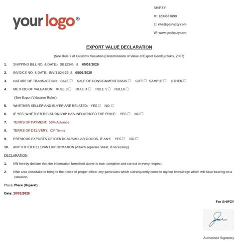Export Value Declaration Customs Valuation Compliance