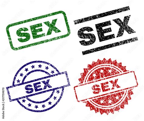Vecteur Stock SEX Seal Prints With Damaged Style Black Green Red Blue Vector Rubber Prints Of