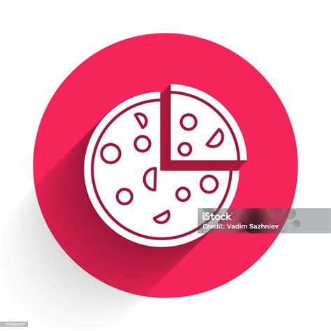 긴 그림자로 격리 된 화이트 피자 아이콘 패스트 푸드 메뉴 빨간색 원 버튼입니다 벡터 일러스트레이션 고기에 대한 스톡 벡터 아트 및 기타 이미지 Istock