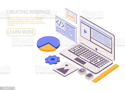 프로그래머 또는 코더가 있는 방문 페이지 템플릿이 거대한 랩톱 컴퓨터에서 웹 페이지를 만듭니다 웹 개발을위한 인터넷 도구의 개념