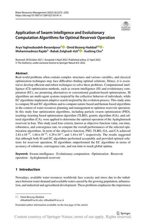 Application Of Swarm Intelligence And Evolutionary Computation Algorithms For Optimal Reservoir