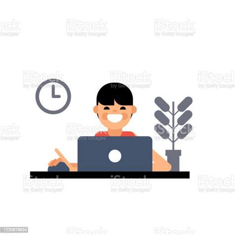 01042020 집에서 일하는 젊은이 집에서 노트북과 컴퓨터에서 일하는 남자 프리랜서 벡터 플랫 스타일 일러스트레이션 기회에 대한 스톡 벡터 아트 및 기타 이미지 Istock