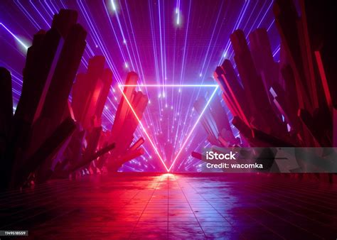 3d 렌더링 추상 미래의 네온 배경 자외선 밤 하늘에서 유성 샤워 크리스탈 바위 위의 핑크 레드 불꽃 놀이 우주 풍경 네온 삼각형 빛나는 삼각형 모양 3차원 형태에 대한