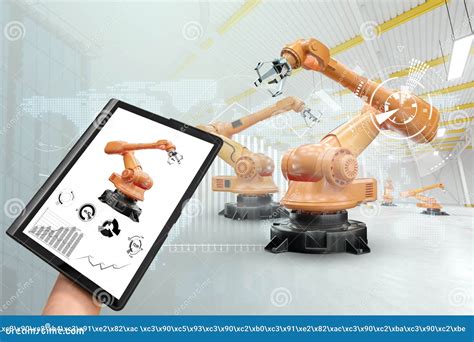 A Tablet In A Man`s Hand Controlling Robotic Arms In A Modern Factory Iot Technology Concept