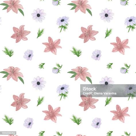섬세한 어스키 핑크 컬러의 백합 꽃 흰 말미잘 매끄러운 패턴 세인트 발렌타인 장식을위한 손으로 그린 수채화 일러스트 인사말 카드 선물 종이 직물 직물 고풍스런에 대한 스톡