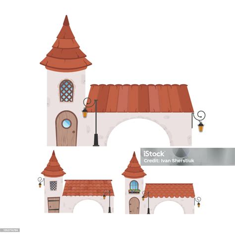 빈티지 하우스 세트 타워와 아치가 있는 집 창문 문 지붕이 있는 돌 건물 만화 스타일 게임 엽서 및 책의 디자인을 위해 격리 벡터 그림입니다 0명에 대한 스톡 벡터 아트 및