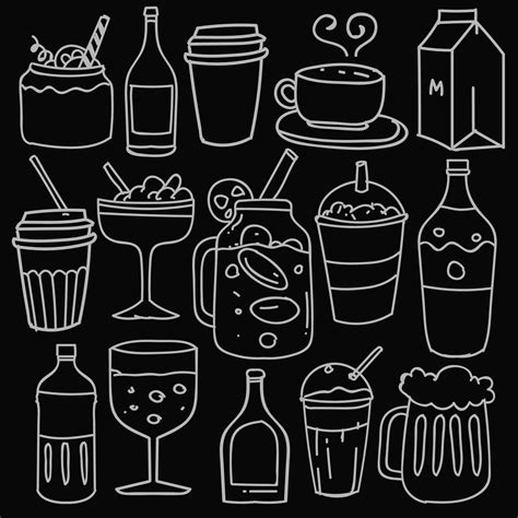 Hand Drawn Of Beverages In Doodle Style Isolated On Black Background