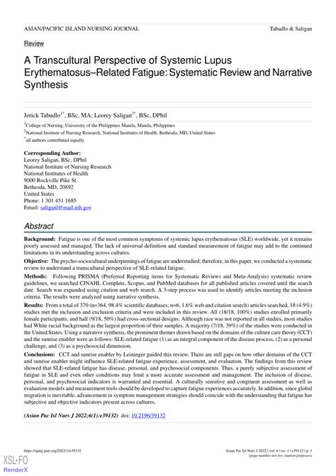 Pdf A Transcultural Perspective Of Systemic Lupus Erythematosus Related Fatigue Systematic
