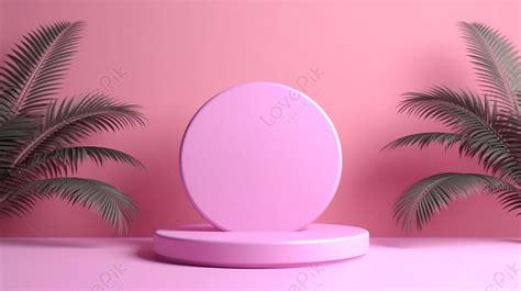 핑크와 바이올렛 색조의 3d 받침대 디스플레이와 파스텔 야자 배경을 갖춘 생동감 넘치는 원형 연단 쇼케이스 연단 배경 레이스 배경 3d 침대 배경 이미지 Hd 연단