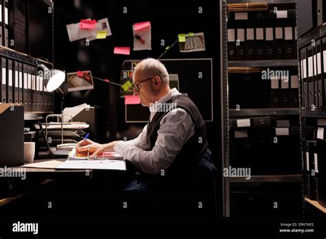 Old Police Officer Working Overhours At Crime Scene Report Analyzing Evidence Files In Arhive