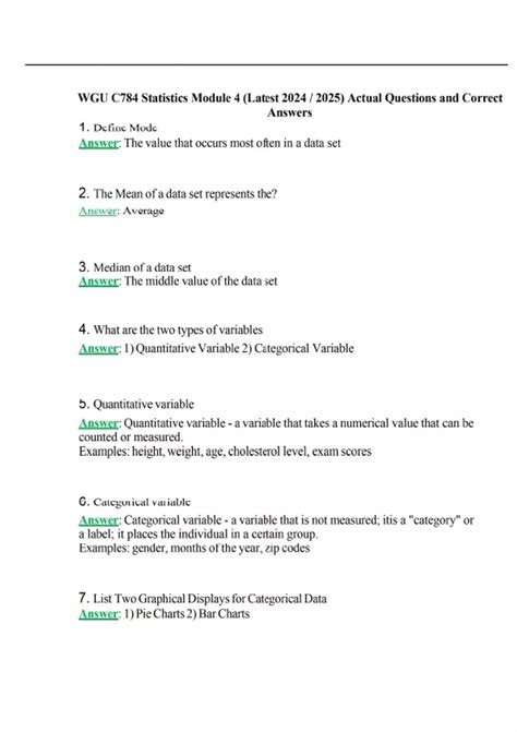Wgu C784 Statistics Module 4 Latest 2024 2025 Actual Questions And Correct Answers Wgu