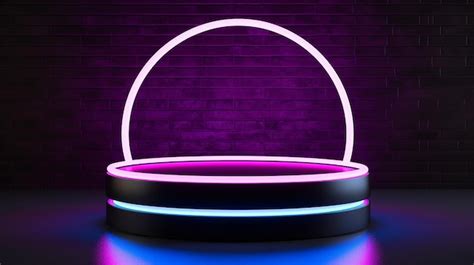 제품 디스플레이 목업을 위한 네온 연단 조명 빈 연단 무대 사진 프리미엄 사진