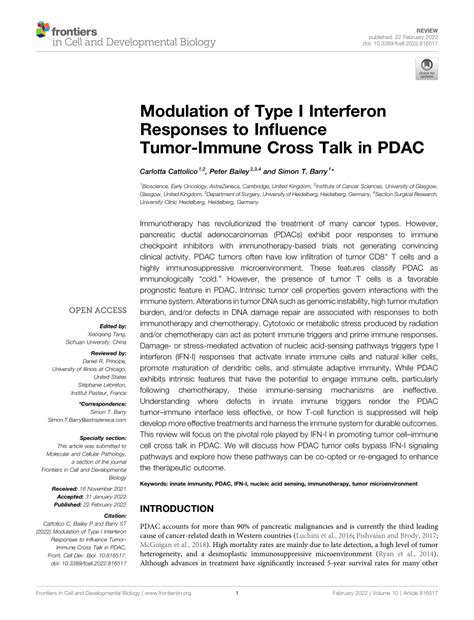 Pdf Modulation Of Type I Interferon Responses To Influence Tumor Immune Cross Talk In Pdac