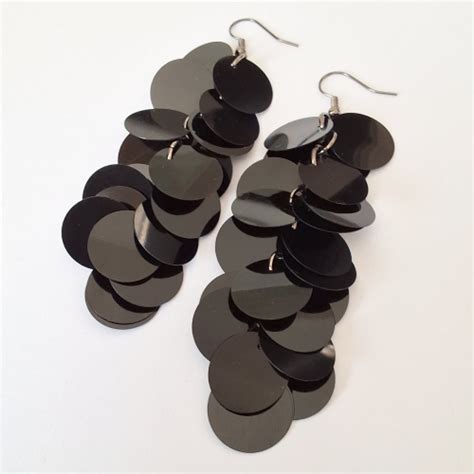 Black Gloss Waterfall Sequin Earrings Sequin World
