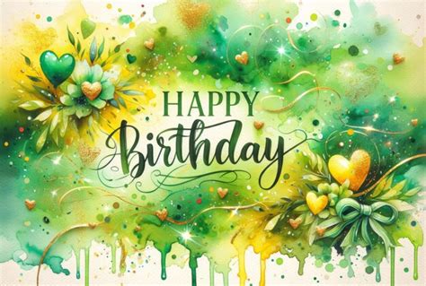 Happy Birthday Card With Greenyellow Hues Hearts Sparkling Accents And